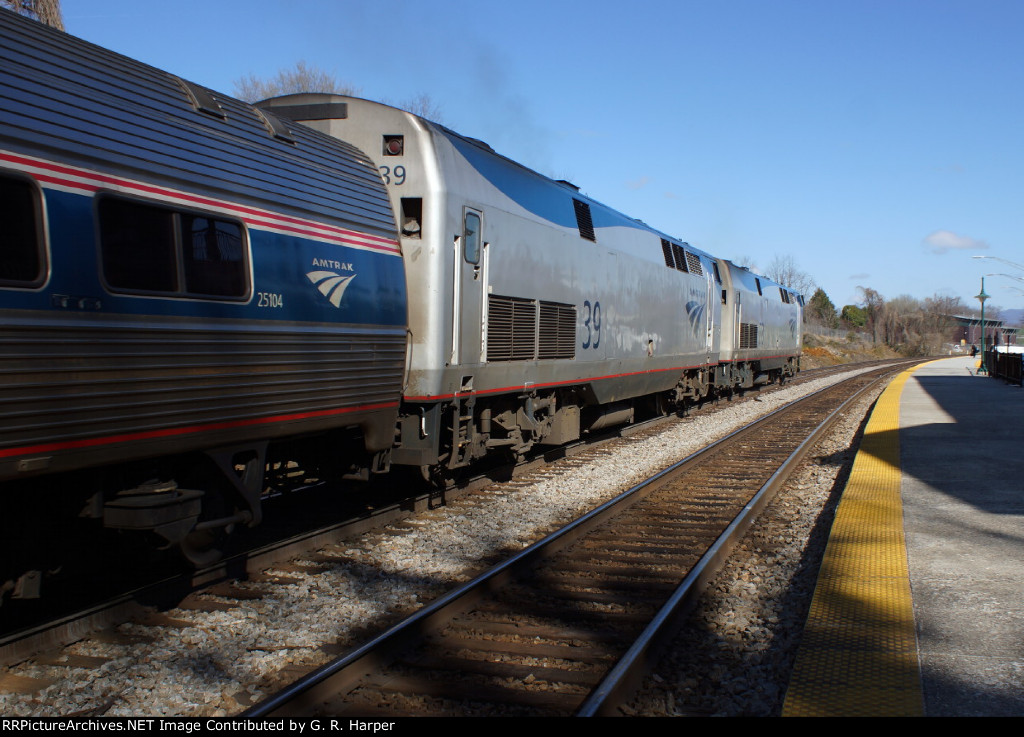 Units on Amtrak #20 speed north past the platform at Lynchburg on the wrong track